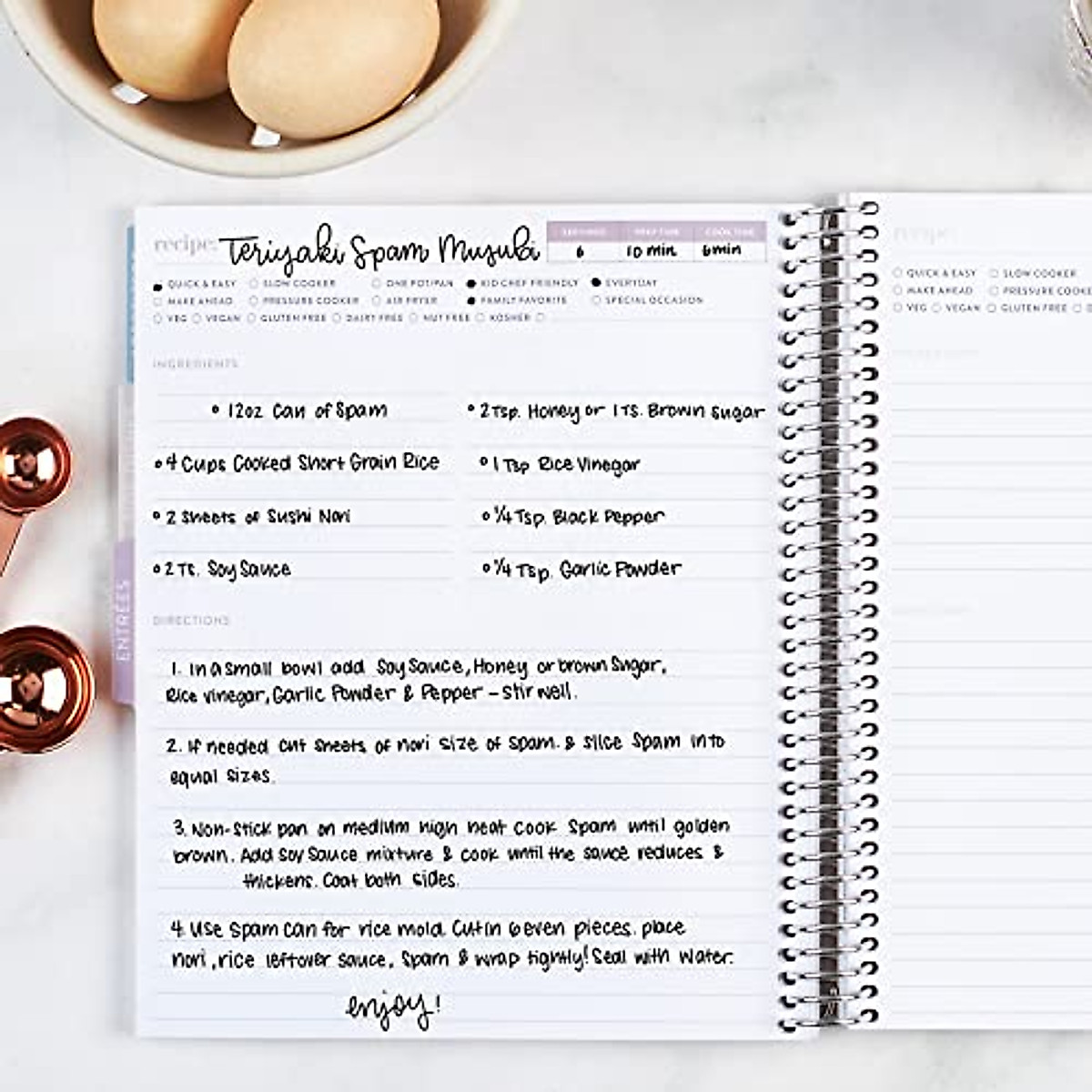 Erin Condren 7" x 9" Spiral Bound Recipe Notebook Including 5 Tabs For Organization, Two-Sided Pocket Folder, Sturdy Laminate Cover, 80 lb. Thick Mohawk Paper