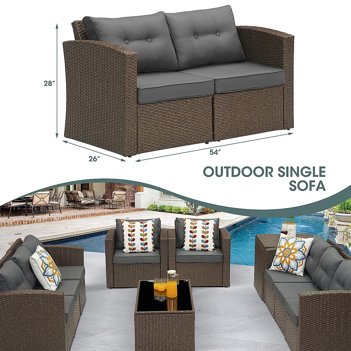 Outdoor Loveseat Patio Furniture Corner Sofa, All-Weather Brown Wicker 2-Piece Rattan Outdoor Sectional Couch Sofa Set with Dark Grey Non-Slip Cushions,Aluminum Frame