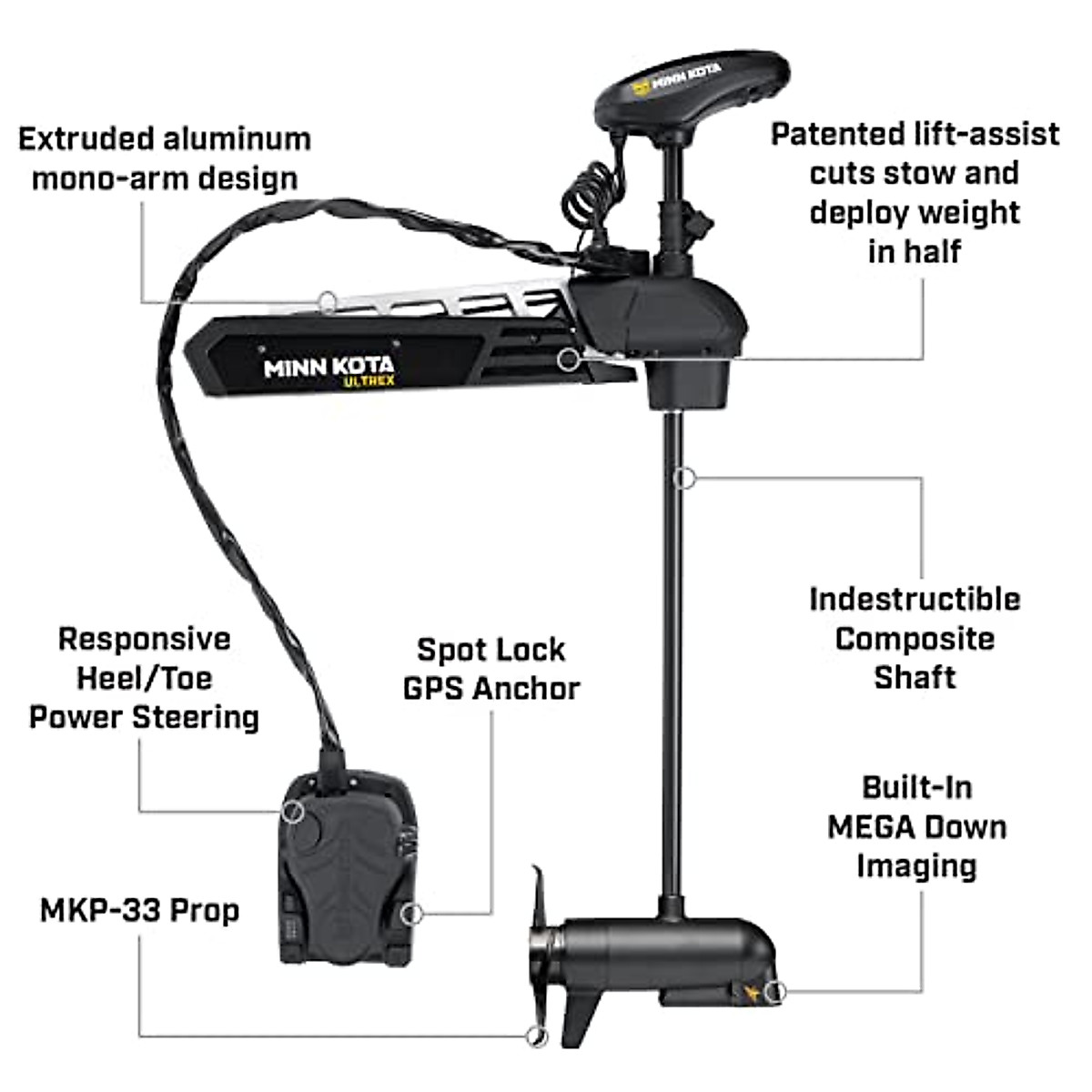 Minn Kota 1368871 Ultrex Freshwater Cable & Electric-steer Bow-Mount Motor with MEGA Down Imaging, Digital Maximizer & i-Pilot GPS, 112 lbs Thrust, 52" Shaft,