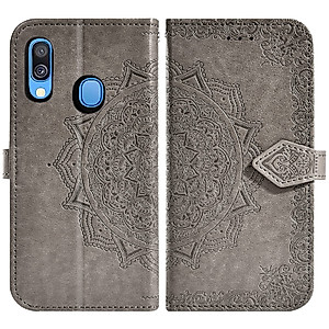 Compatible with Samsung Galaxy A40 Wallet Case and Tempered Glass Screen Protector Leather Mandala Flower Flip Cover Credit Card Holder Stand Cell Phone Cases for Glaxay A 40 Gaxaly 40A Women Men Gray