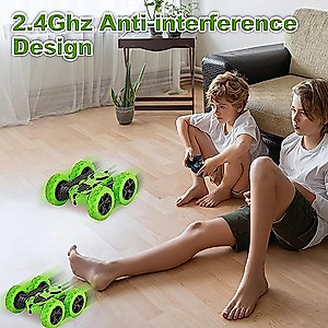 Remote Control Car, RC Cars Stunt Car Toy, 4WD 2.4Ghz Double Sided 360° Rotating RC Car with Headlights, Kids Xmas Toy Cars for Boys/Girls (Green) (Green)