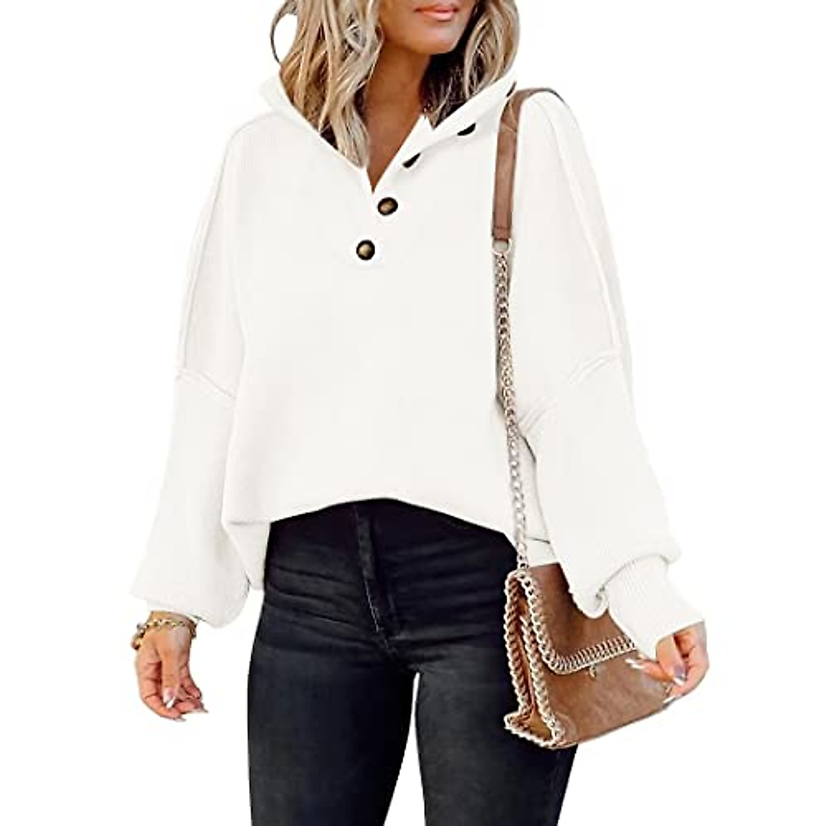 LILLUSORY Women's Long Sleeve Button Up Drop Shoulder Sweaters 2023 Fall Oversized Slit Side Knit Pullover Sweater White