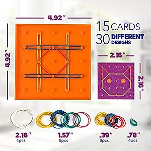 Double-Sided Geoboard - Mathematical Manipulative Material Geo Board, Graphical Educational Toy for Geometry and Creativity- 5 x 5 Grid/12 Pin Circular Array, 15 Cards with 30 Design, and Rubber Bands