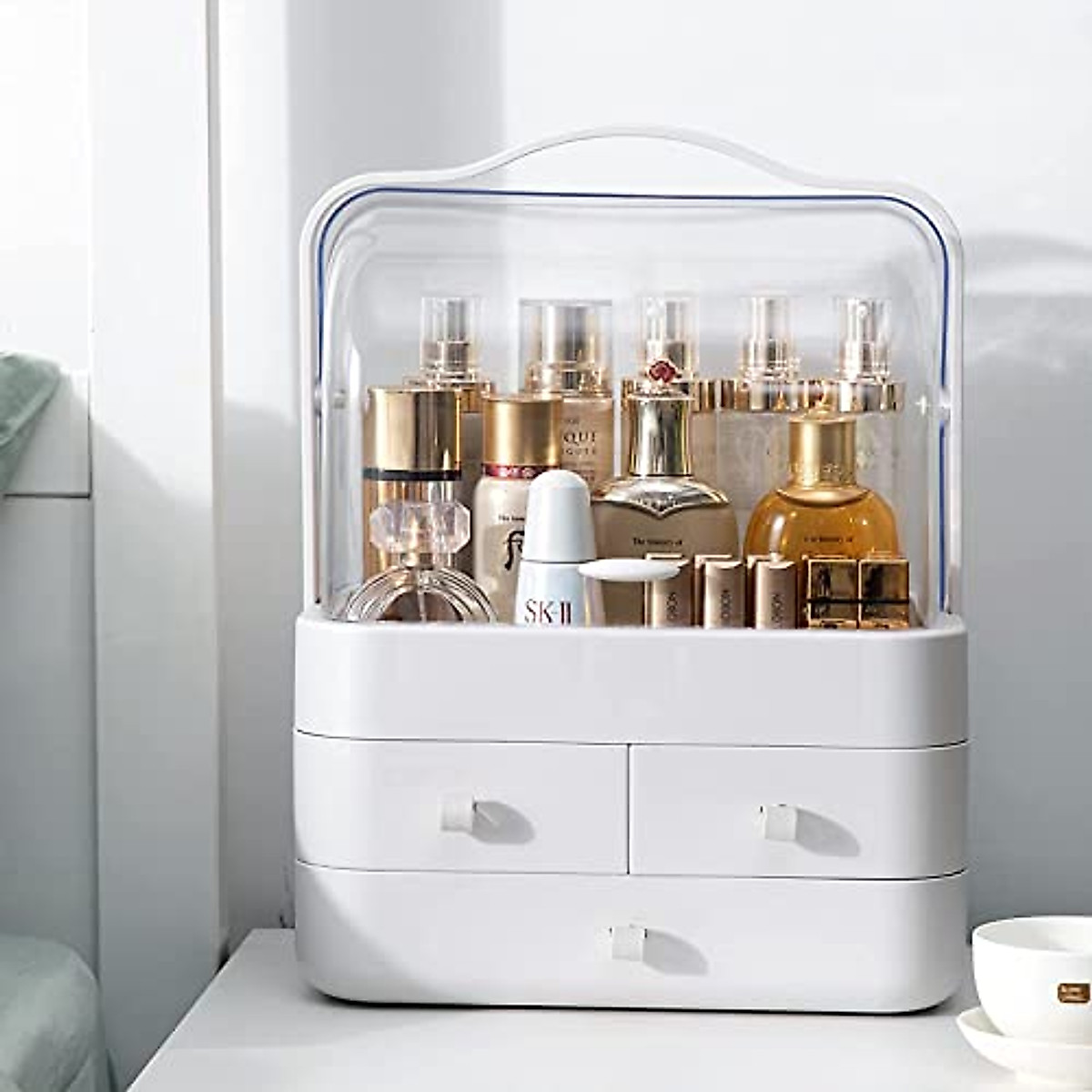 Makeup Organizer, Cosmetics Skincare Organizers Box Waterproof&Dustproof, Make up Organizers and Storage for Vanity with Lid and Drawers, Cosmetic Display Cases for Countertop, Bathroom(White-L)
