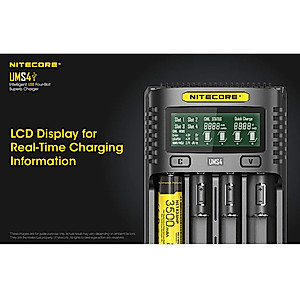 Nitecore UMS4 Intelligent USB Four Slot Quick Battery Charger for Li-Ion/Ni-MH/Ni-Cd/IMR 16340 14500 18650 21700 20700 AA AAA and More Batteries, with LumenTac QC3.0 Charging Adapter