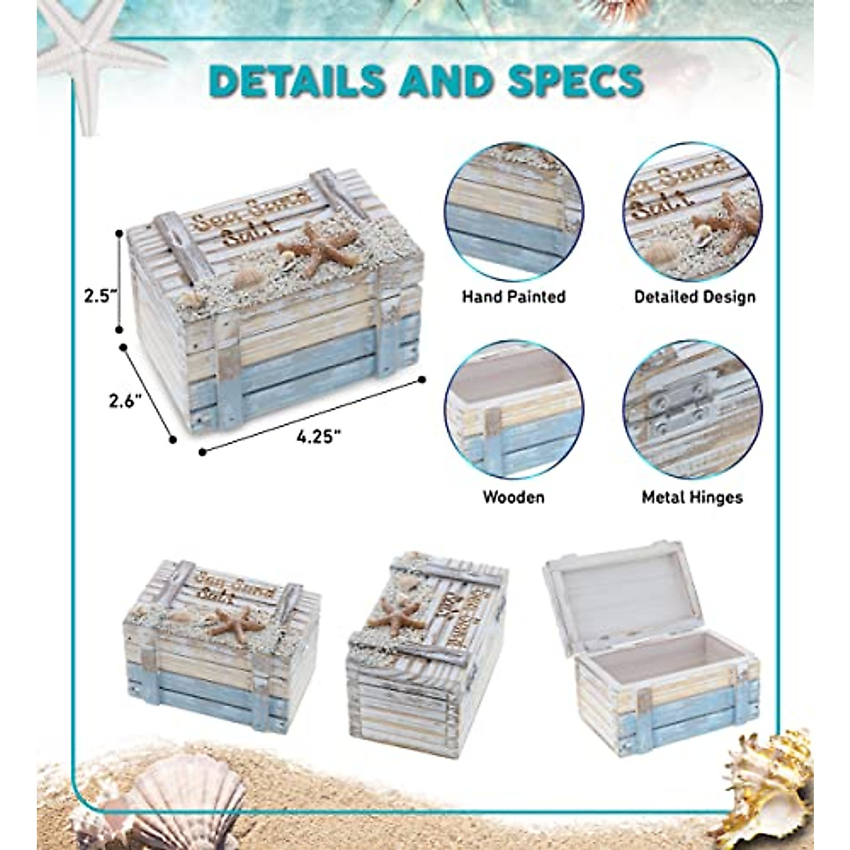 CoTa Global Coastal Horizon Wooden Jewelry Box - Handcrafted Nautical Trinket with Seashell and Starfish Decorations, Accent Tabletop Home Decor, Jewelry Storage - 4.25 Inch