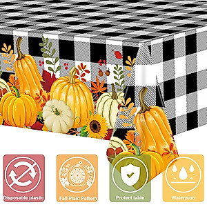 peony man 4 Pieces Fall Plaid Tablecloth Plastic Pumpkin Table Cover Black White Buffalo Checkered with Disposable for Dining Kitchen Thanksgiving Autumn Party, 54 x 108 Inch