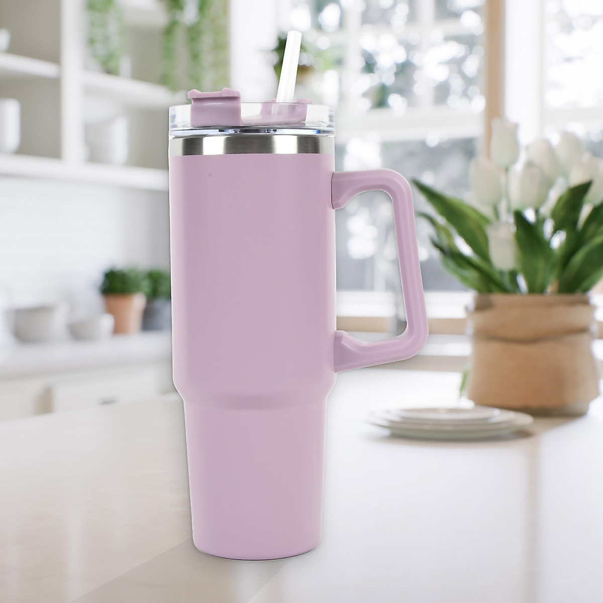 Envie 30 oz Tumbler Mug with Lid and Straw, Reusable Insulated Mug with Handle, Stainless Steel Tumbler for Iced & Hot Beverages, Lavender