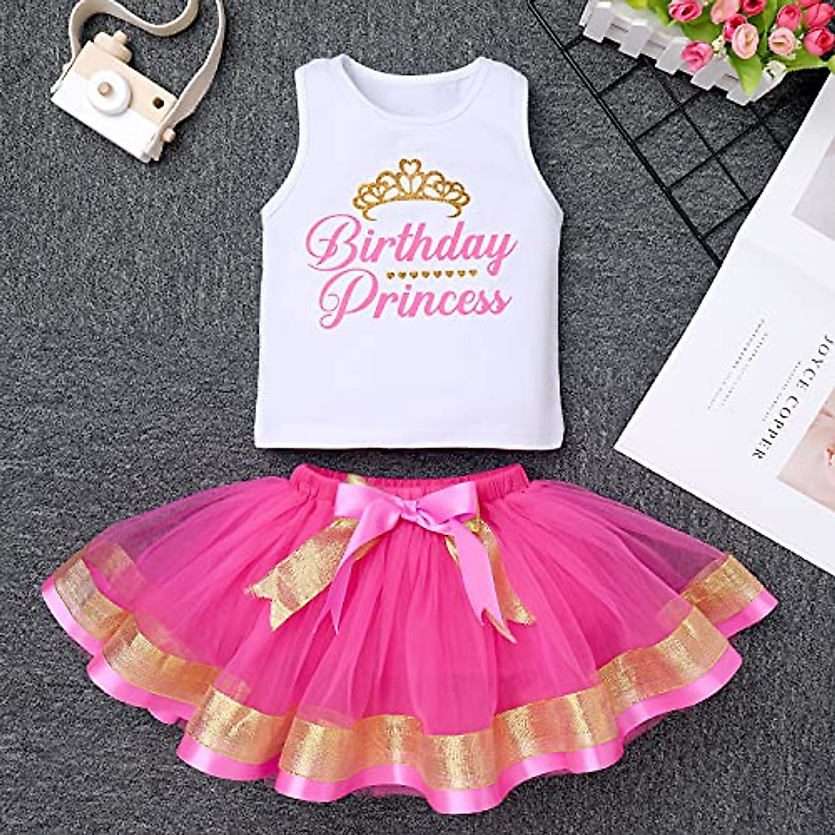Toddler Kid Baby Girl 1/2/3/4/5/6 Year Old Birthday Party Dress Sleeveless Printed Vest Tops+Princess Tulle Tutu Skirt+Flower Crown Outfit Summer Clothes Cake Smash Photography Hot Pink 4-5 Years