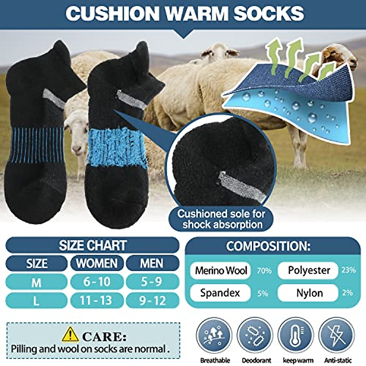 Merino Wool Ankle Hiking Socks Compression Warm Thermal Winter Thick Cushion Running Moisture Wicking No Show Socks Gifts Stocking Stuffers for Women Men 6 Pairs(Black,L)