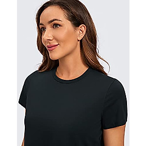 CRZ YOGA Women's Pima Cotton Short Sleeve Crop Tops High Neck Cropped Workout Tops Yoga Athletic Shirts Casual T-Shirt Black Medium
