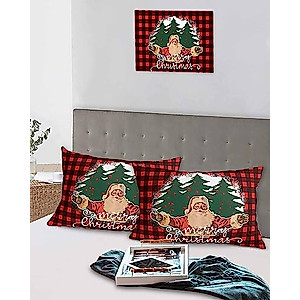 Standard Size Pillowcases Merry Christmas Pillow Case Set of 2, Soft Throw Pillow Covers with Envelope Closure Decorative Bed Pillow Shams for Bedroom Sofa Couch Santa Claus Xmas Tree Red Plaid