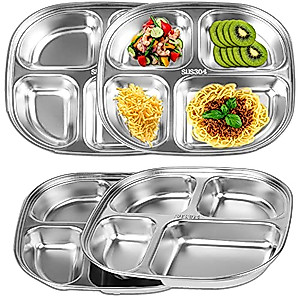 DEAYOU 4 Pack 18/10 Stainless Steel Divided Plates, Small Platter Compartment Tray with 4 Sections, Portion Control Serving Plate, Mess Food Sectioned Tray for Dinner, Lunch, Child, Cafeteria, 7.7"
