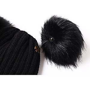 Roniky Womens Winter Hat Cable Knit Silk Satin Lined Beanie for Women Girls Double Faux Fur Pom Pom Ears Black