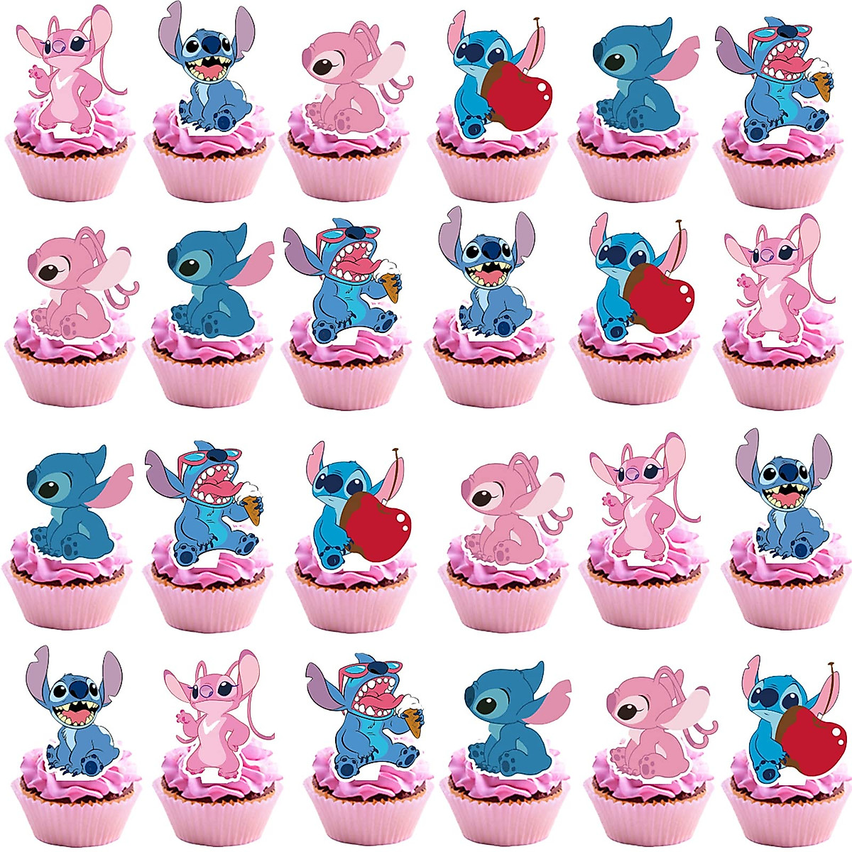 48 Pcs Pink Stitch Party Cupcake Toppers, Pink Girl Stitch Birthday Party Decorations