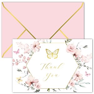 Gooji 4x6 Butterfly Dream Thank You Cards with Envelopes (Bulk 20-Pack) Baby Shower, Bridal Shower, Wedding, Greeting, Blank Notes Business Box Assorted Stationary Pink Flowers