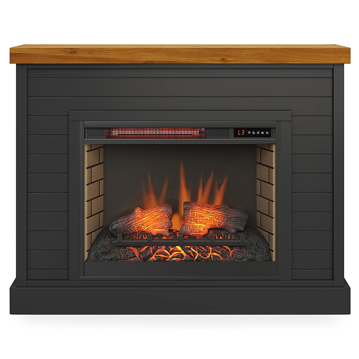 Bridgevine Home Washington Modern Farmhouse Electric Fireplace with Mantel, 48 inches, Poplar and Knotty Alder Solid Wood, Black and Whiskey Finish