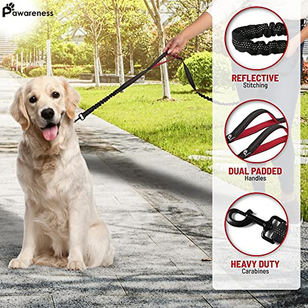 Hands Free Dog Leash for Medium and Large Dogs with Large Zipper Pouch - Adjustable Length 3mm Thick Double Bungee Leash, 2 Padded Handles Heavy Duty Leash (Red, 27-38 inches Waist)