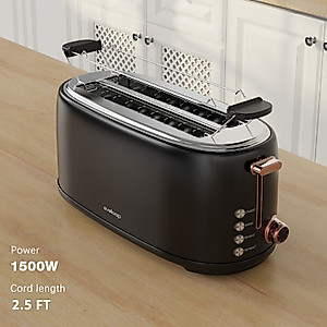 Evoloop Toaster 4 Slice, Stainless Steel Bread Toasters, 6 Bread Shade Settings, Reheat, Bagel, Defrost, Cancel Function, 1.5" Extra Wide Slots,Removable Crumb Tray（Black）