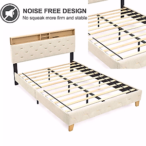 Queen Size Bed Frame with Shelf Storage & Upholstered Headboard, Upholstered Platform Bed Frame with USB Port, No Box Spring Needed, Sturdy Wood Slats for Family Bedroom Apartment (Beige, Queen)
