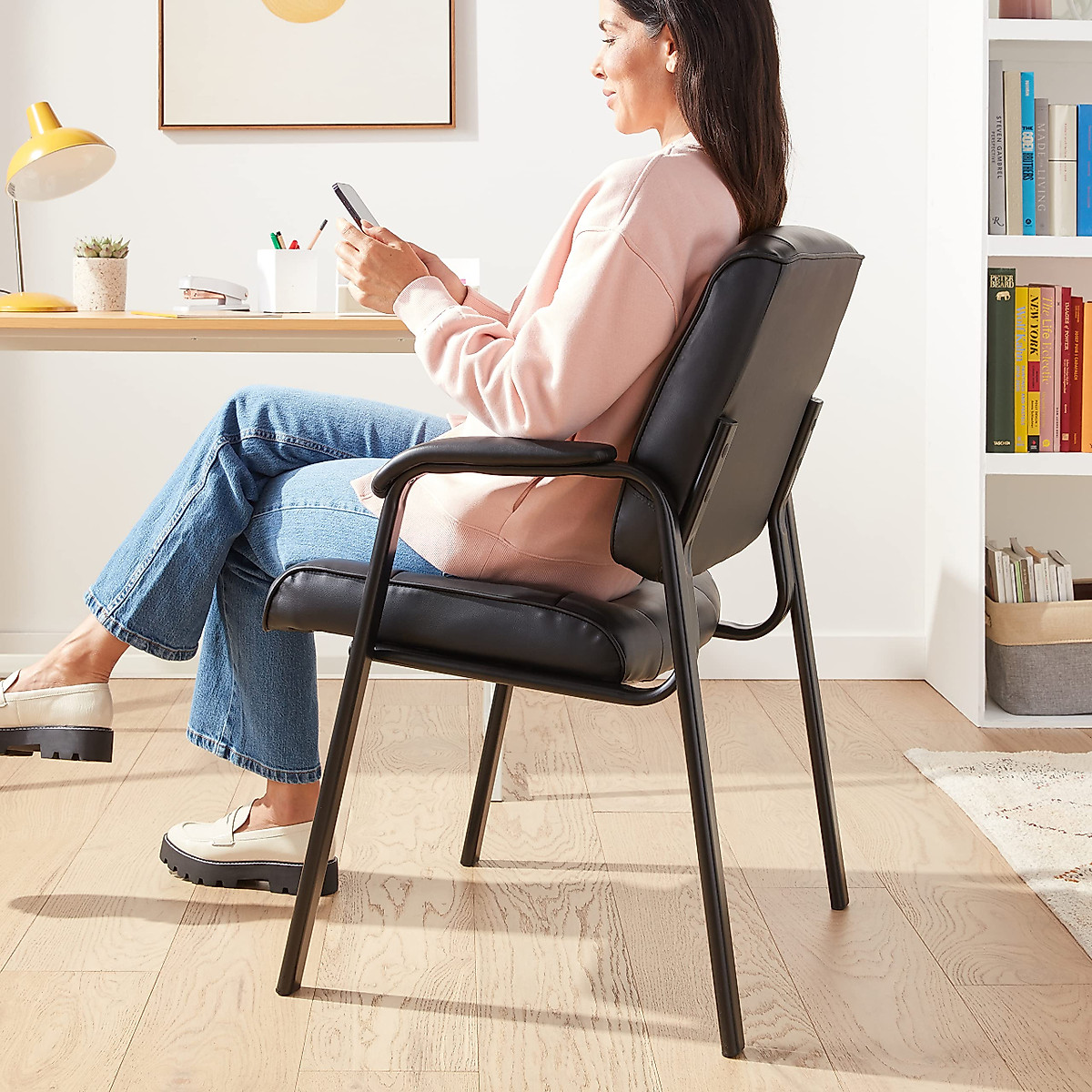 Amazon Basics Classic Faux Leather Office Desk Guest Chair with Metal Frame - Black