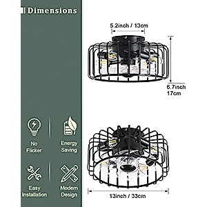 MIAOMEIO 13'' Low Profile Small Flush Mount Farmhouse Industrial Caged Ceiling Fan with Lights, 6 Speed Bladeless Black Ceiling Fan with Remote Control for Living Room, Bedroom, Kitchen (Black)