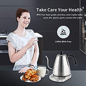 CUSIMAX Gooseneck Kettle, 1000W Electric Kettle 1L, Variable Kettle with 6 Temperatures Pour Over for Drip Coffee and Tea, Stainless Steel Kettle with Auto Keep Warming and Boil-Dry Protection