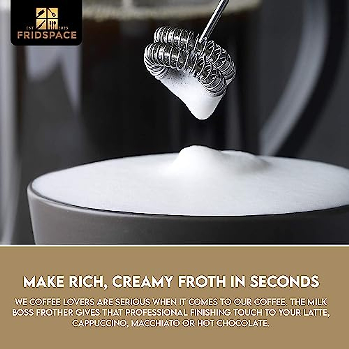 Handheld portable milk frother durable double whisk electric coffee machine, battery operated stainless steel milk mixer with stand, instant foam maker for latte, cappuccino, hot chocolate (Black)