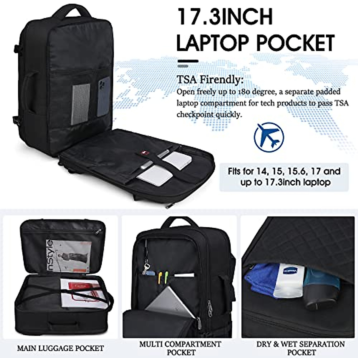 IGOLUMON Travel Backpack for Men Women 40L Flight Approved Carry on Backpack 17 Inch Waterproof Laptop Backpack Large Luggage Daypack Business College Weekender Backpack with Shoe Bag, Dark Black