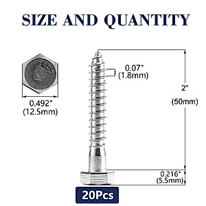 5/16" x 2" Hex Head Lag Screws Bolts 20Pcs 304 Stainless Steel 18-8, Partial Thread, Hexagon Head Wood Screws by SG TZH