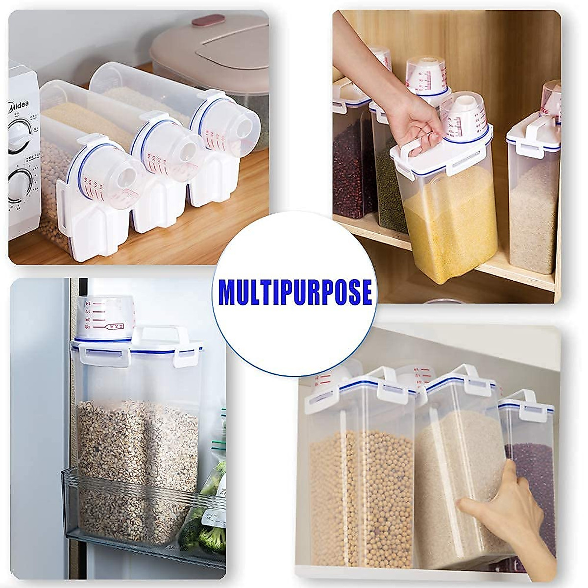 Airtight Rice Containers, BPA Free 3L Bin Dispenser with Pouring Spout, Measuring Cup for Cereal, Flour and Grain, Include a Stainless Steel Whisk and a Rice Spoon