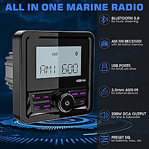 Waterproof Marine Digital Media Receiver - Bluetooth Marine Stereo with 2.8 Inch LCD Display - AUX USB Input AM FM Subwoofer Pre-Amp UTV Boat Radio for ATV RZR Golf Cart Spa Hot