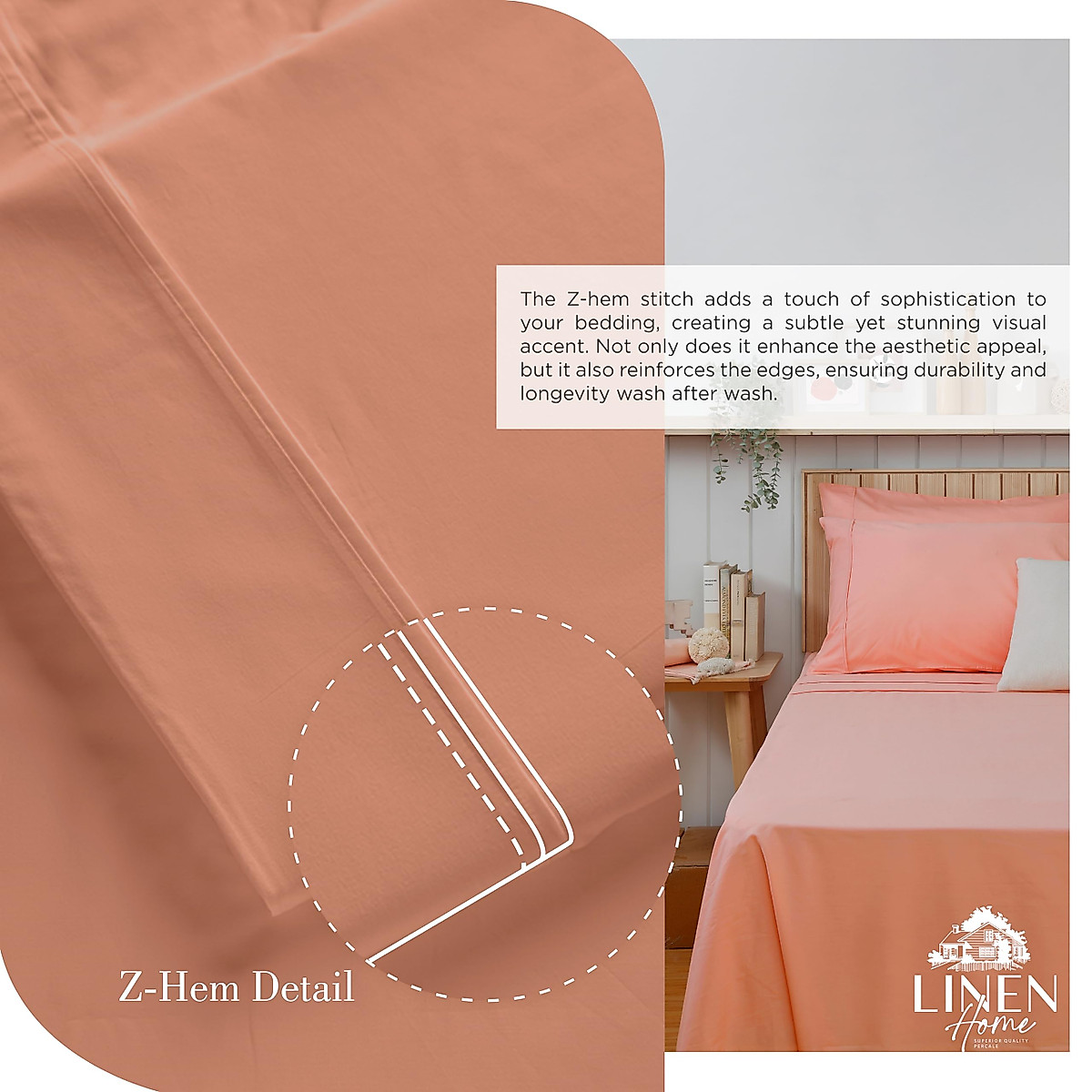 Linen Home 100% Cotton Percale Sheets Full Size, Tera Clay, Deep Pocket, 4 Pieces Set - 1 Flat, 1 Deep Pocket Fitted Sheet and 2 Pillowcases, Crisp Cool and Strong Bed Linen