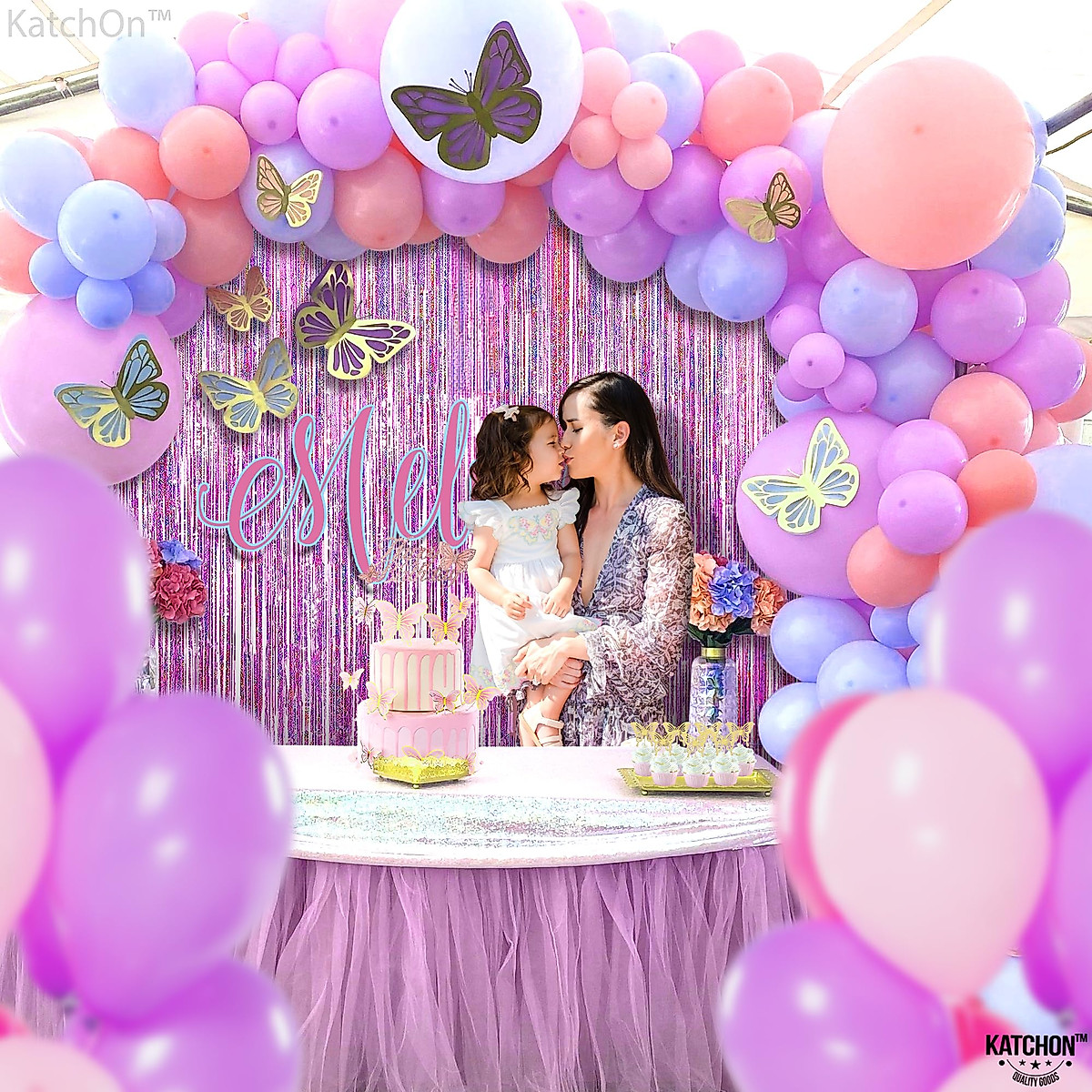 KatchOn Iridescent Pink Backdrop Curtain - XtraLarge 3.2x8 Feet, Pack of 2 | Pink Streamers for Pink Party Decorations | Pink Fringe Backdrop for Pink Birthday Decorations | Pink Fringe Photo Backdrop