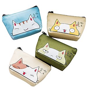 Oyachic 4 Packs Cute Coin Purse Cat Change Pouch Vintage Canvas Zipper Wallets Women Clutch Mini Bag Christmas Birthday Bag Clasp Closure