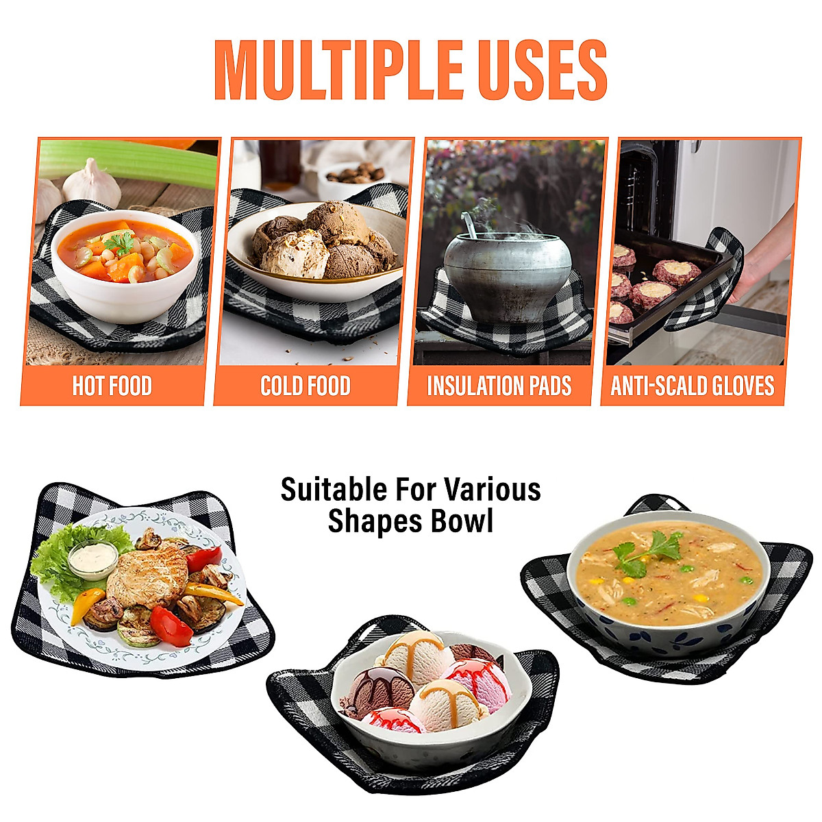 RS Collections 4 Pieces Microwave Bowl or Pot Holders Microwave bowl holder set to keep food warm Heat Resistant Potholder Protector Large Hot Pads Microwave Plate Holder (Black & White Plaid)