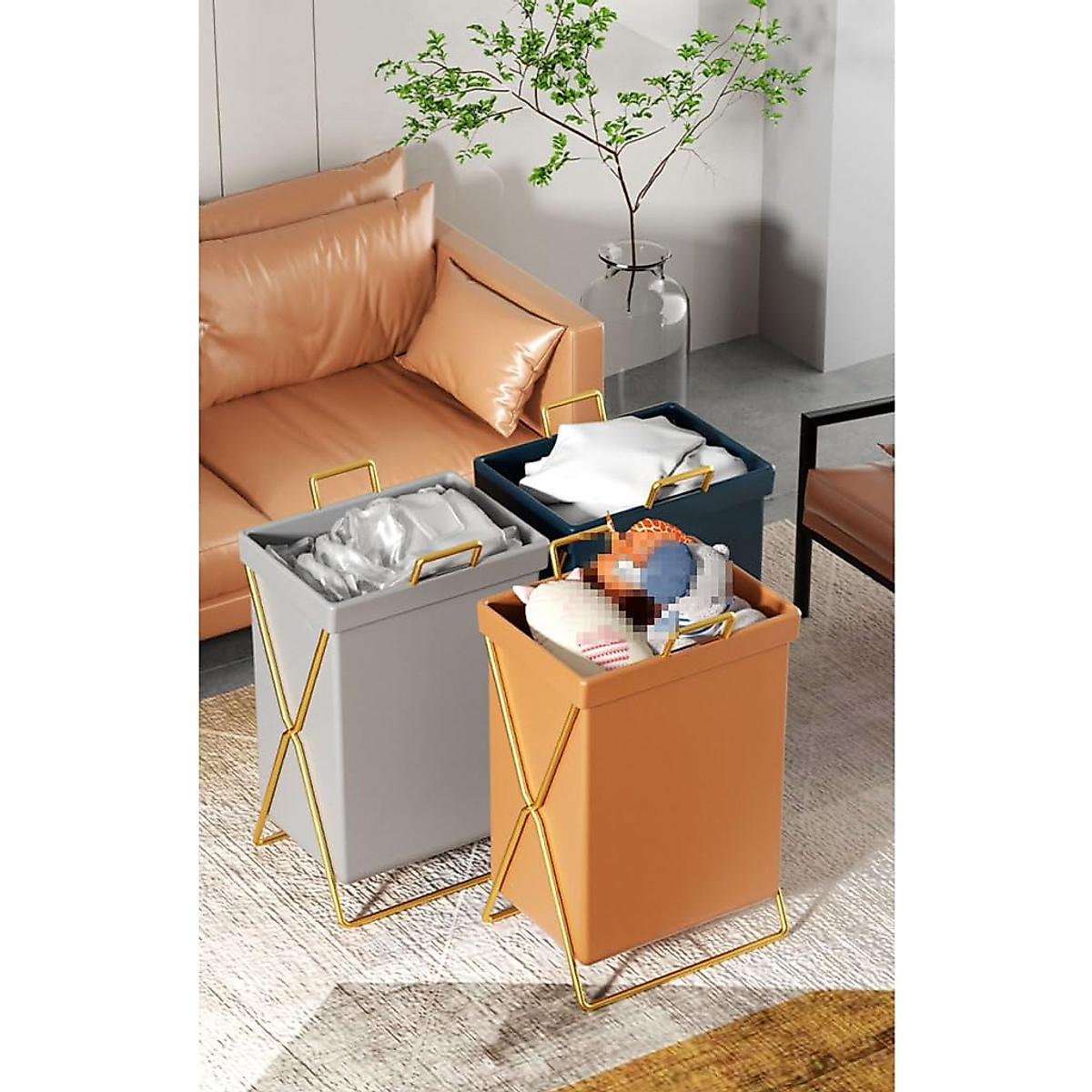 SYALEO X-Frame Collapsible Laundry Basket w/Leather Bag Sorter Organizer Black/Gold Metal Frame Laundry Hamper Luxury Folding Dirty Clothes Basket for Dorm Apartment