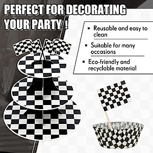 3 Sets Race Car Party Decorations 3 Tier Round Cardboard Cupcake Stand for Racing Cars Birthday Party Supplies 100 Checkered Baking Cups Liners 100 Race Car Flag Black and White Fast Party Decorations
