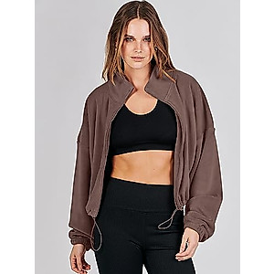 ANRABESS Jacket for Women Full Zip Oversized Fleece Crop Sherpa Coat Long Sleeve Drop Shoulder Stand Collar Drawstring Hem Soft Cozy Thick Trendy Winter Tops Outfits 1097qianzong-L