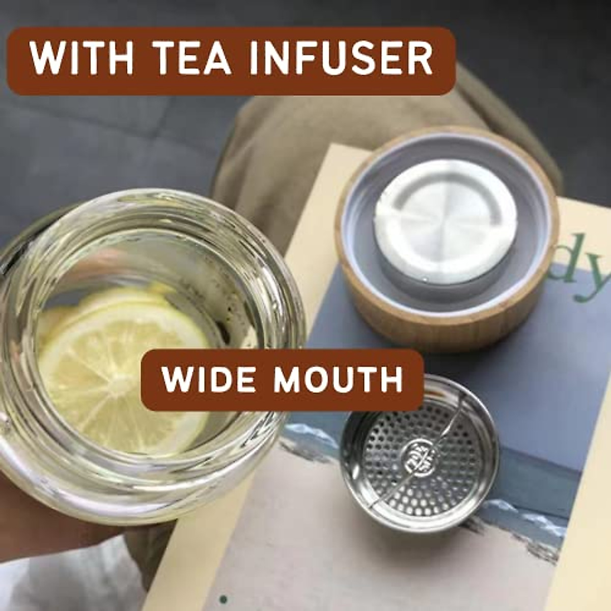 HOLABEAR 32oz Glass Motivational Daily Water Intake Bottle with Time Marker, Leakproof Bamboo Lid and Holder Sleeves, for Hot and Cold Drinks, Clear Reusable BPA Free