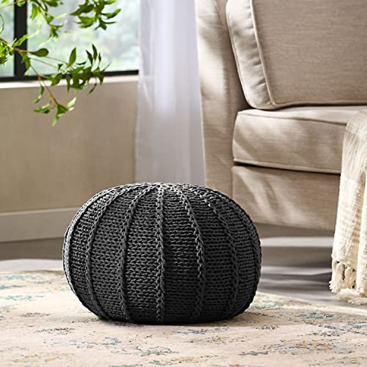 Christopher Knight Home Agatha Knitted Cotton Pouf, Dark Grey Small
