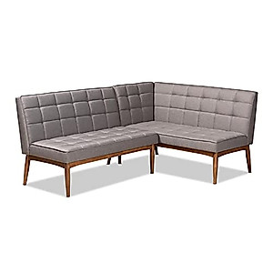 Baxton Studio Sanford Mid-Century Modern Grey Fabric Upholstered and Walnut Brown Finished Wood 2-Piece Dining Nook Banquette Set