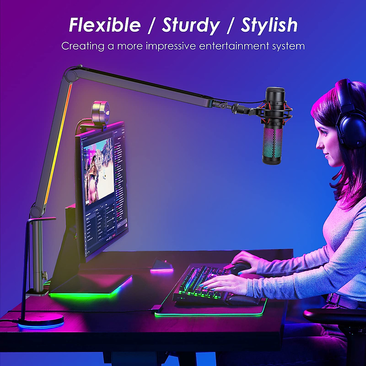 RGB Mic Boom Arm for HyperX Quadcast s, Fifine Microphone, Shure SM7B, MV7, Blue Yeti Mic, HyperX QuadCast Mic and Most Microphones, New Wave Microphone Arm by YOUSHARES