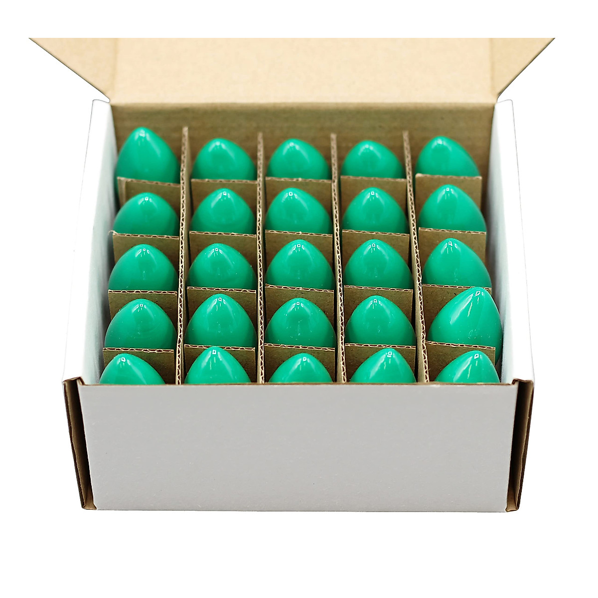 Box of 25 Light Bulbs - C7, Incandescent Steady Burning - Opaque Green - 7 Watt, Extended Life, Nickel Plated Candelabra Base - Great for Decorative Lights and Halloween Strings