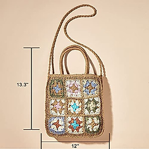 QTKJ Straw Bag, Summer Beach Bag, Hand-Woven Women Hand Bag, Jiugongge Flower Style Retro Rattan Bag Shoulder Bag Crossbody Bag（Khaki）