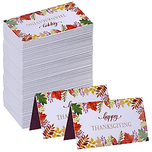 100 Pcs Autumn Thanksgiving Place Cards Fall Leave Escort Cards with Floral Leaf Prints Table Guest Seating Name Cards Number Cards Buffet Food Cards 3.5" x 2" for Harvest Party Table Setting