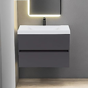 Spring Mill Cabinets Innes 30 Inch Floating Bathroom Vanity with White Single Sink Top, 2 Soft-Close Drawers, 30.5" W x 18.75" D x 22.25" H, Cement
