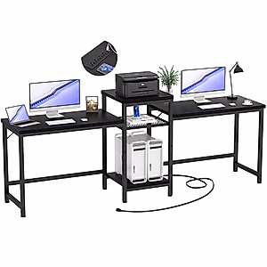 Unikito 2 Person Home Office Desk with USB Charging Port and Power Outlet, Modern Double Desk, Large Computer Desk Workstation with Storage Shelves, Long Desk, Gaming Desk, Writing Study Desk, Black