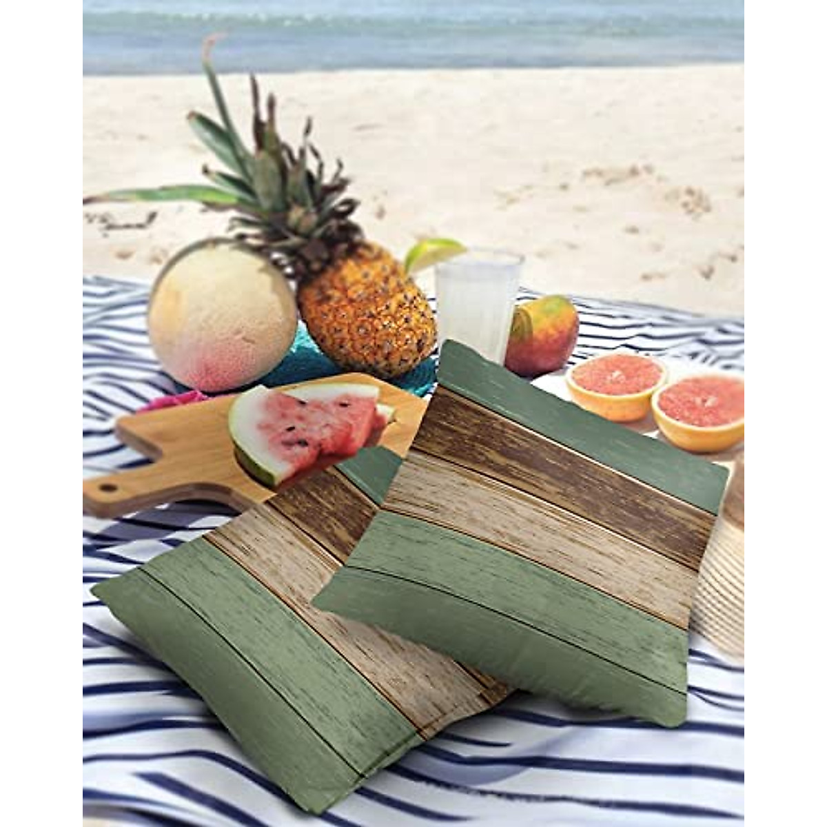 Vandarllin Outdoor Throw Pillows Covers 16X16 Set of 2 Waterproof Sage Green Brown Decorative Zippered Cushion Covers for Patio Furniture, Farmhouse Retro Rustic Barn Wood Texture Lumbar Pillowcases