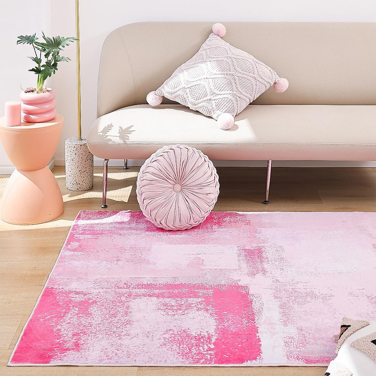 TRUEDAYS Area Rug Washable Pink Rug - 5x7 Rug Modern Abstract Rug for Entryway College Dorm Living Room Bedroom - Soft Low Pile Indoor Carpet with Non-Slip Backing for Home Décor